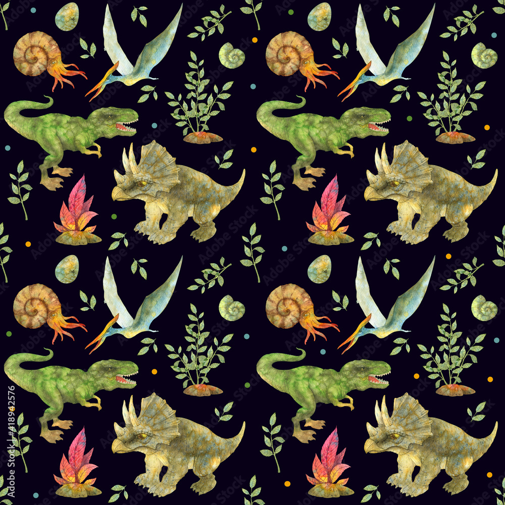 seamless dinosaurs pattern. watercolor painted illustration of ...