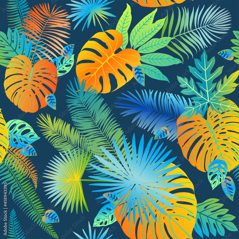 Pattern vector neon tropical leaves of palm, monstera, fern. Orange ...