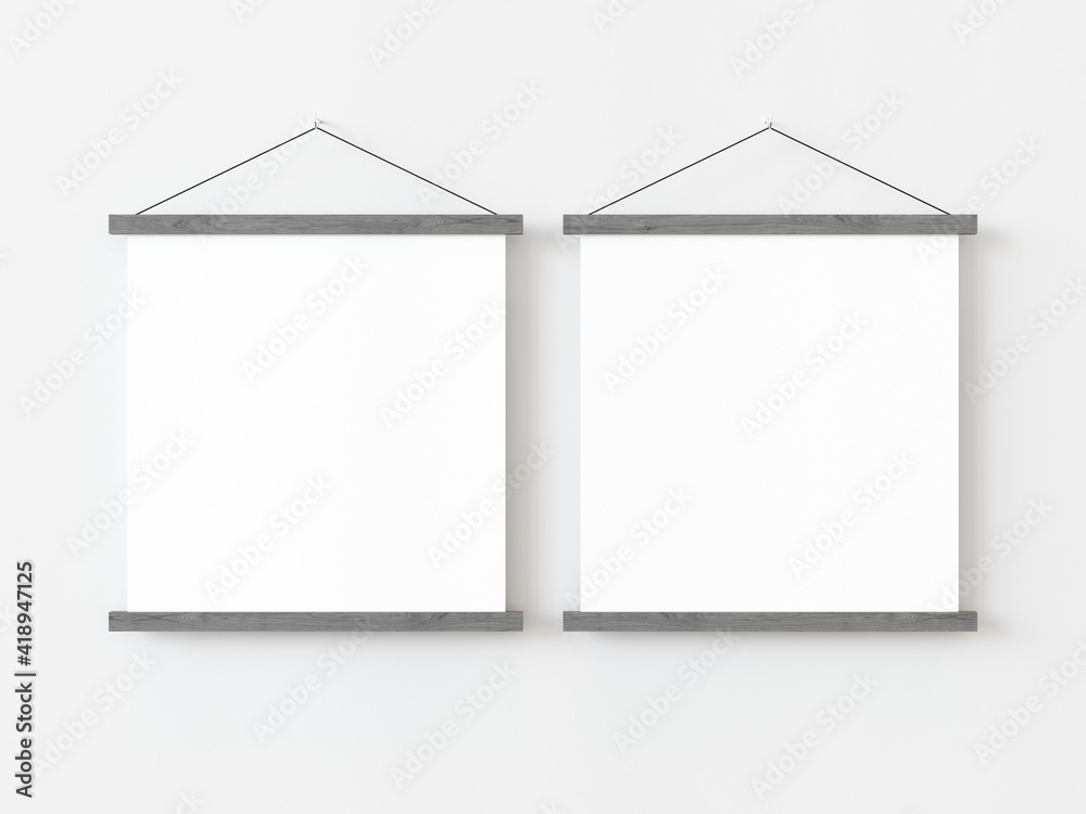 Two square roll up poster mockup with grey wooden border hanging on a ...