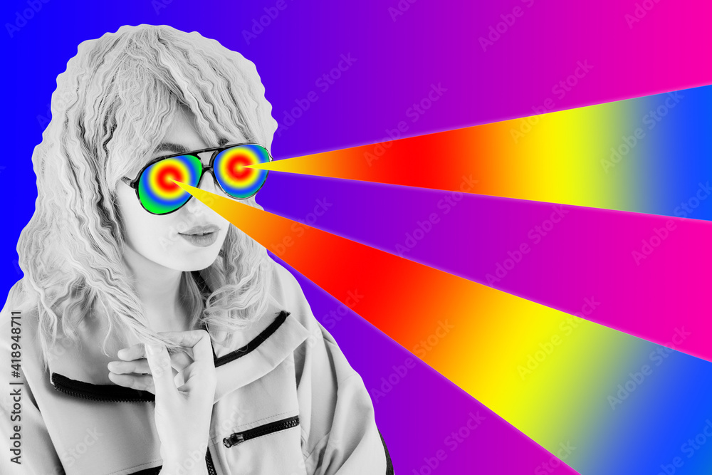 Funky woman in sunglasses. Crazy lady and surreal composition of ...