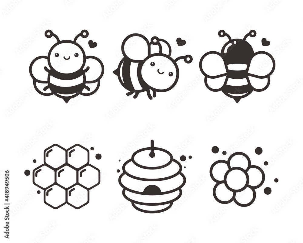 Cute bee cartoon character vector Hexagon honeycomb and flower isolated ...