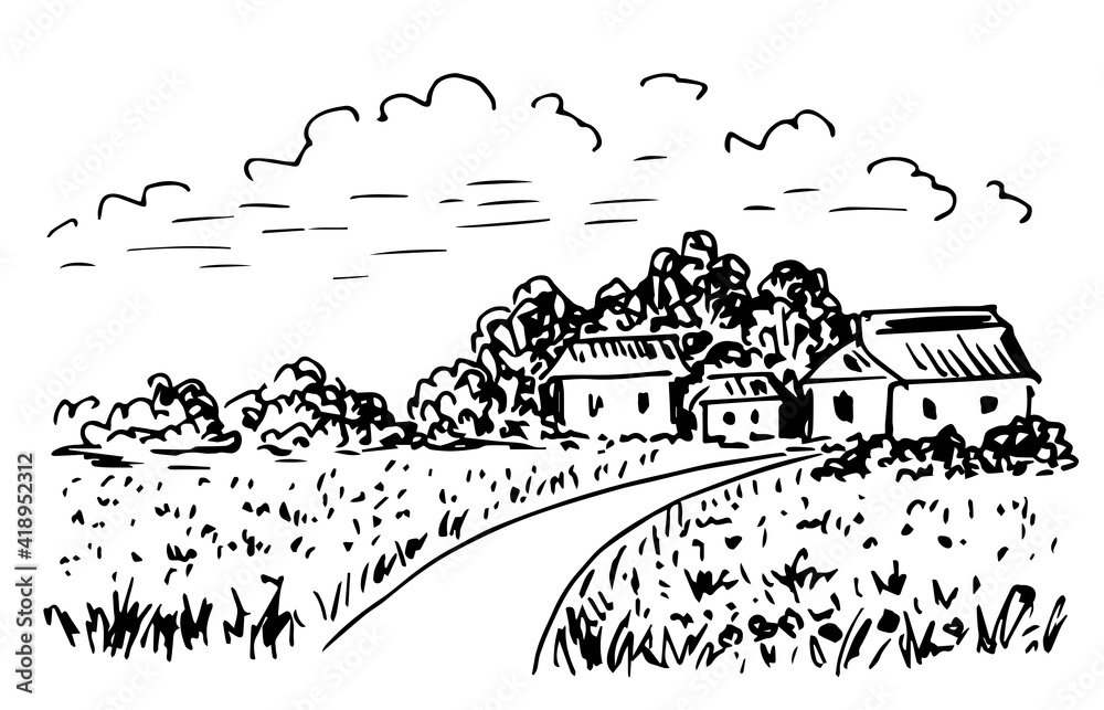 Simple black and white vector ink sketch. Village, road to the house ...