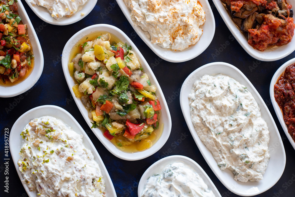 Traditional Turkish and Greek food appetizer table. Grilled eggplant ...