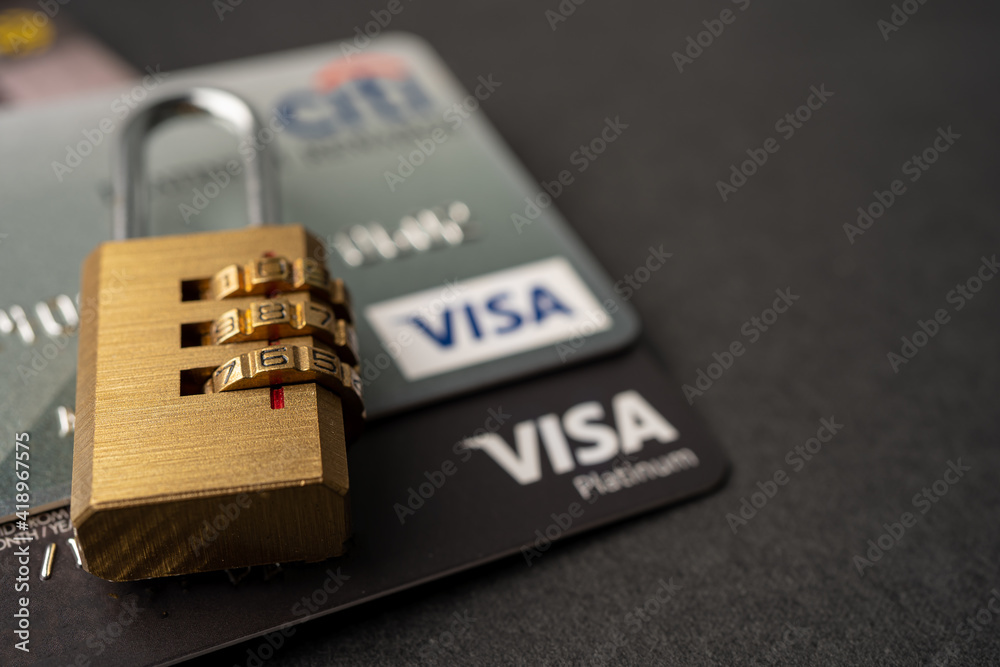 Bangkok, Thailand - July 1, 2020 Golden security digital password lock ...
