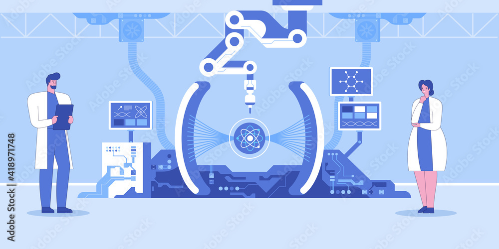 Science laboratory interior with robotic technology. Team of scientist ...