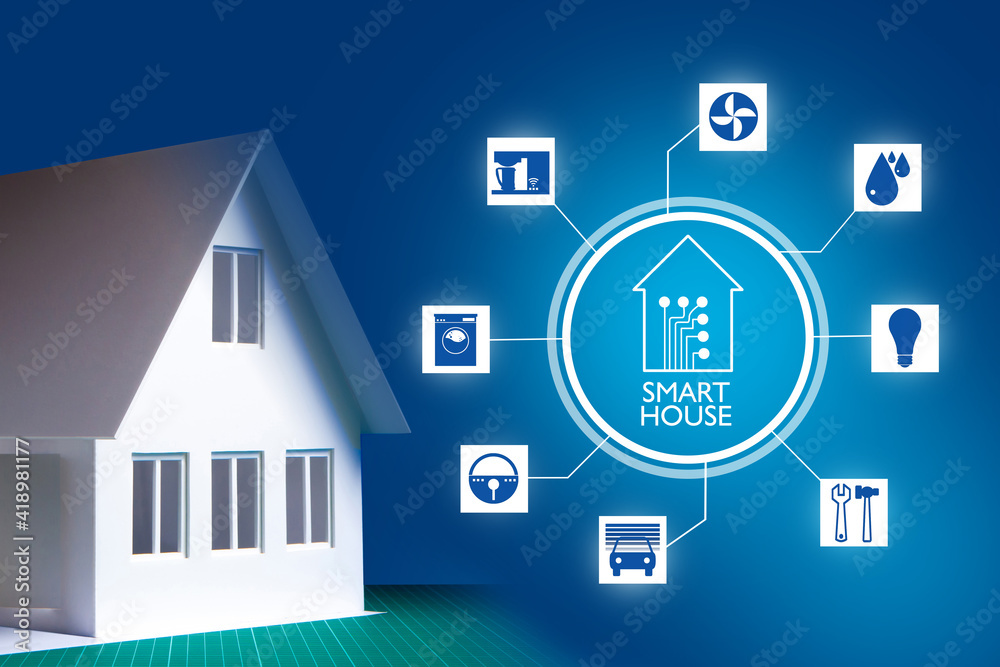 Smart house concept. Layout of the cottage next to the circular ...