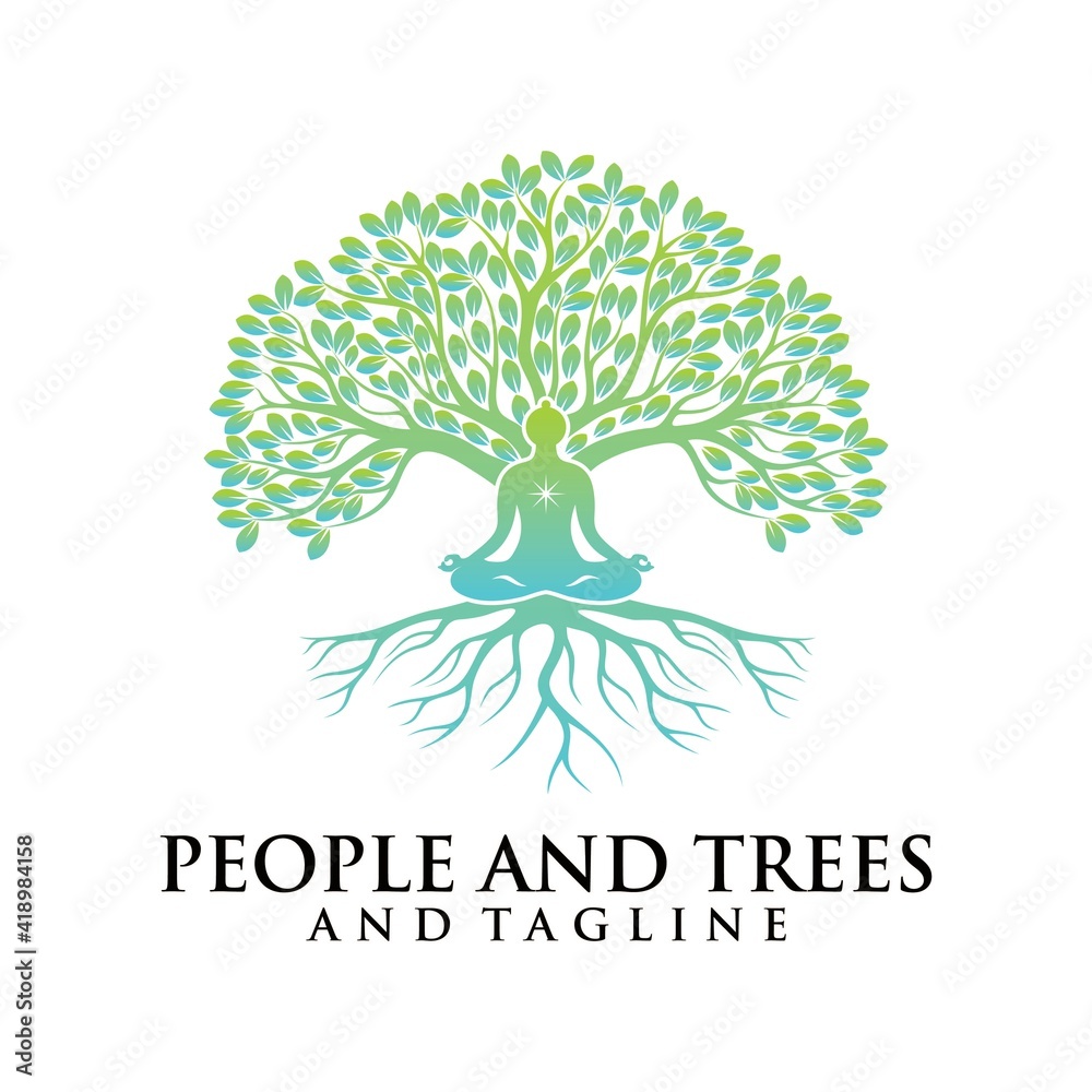 Tree yoga logo. Silhouette of a person in meditation in a round frame ...