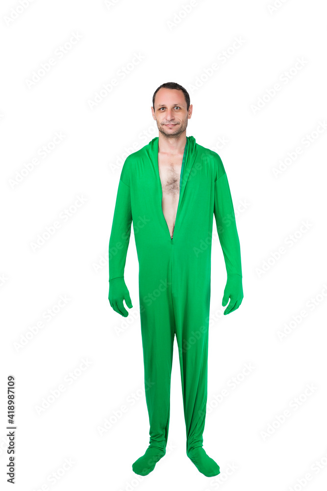 caucasian man wear chroma key green screen body suit. Handsome male ...