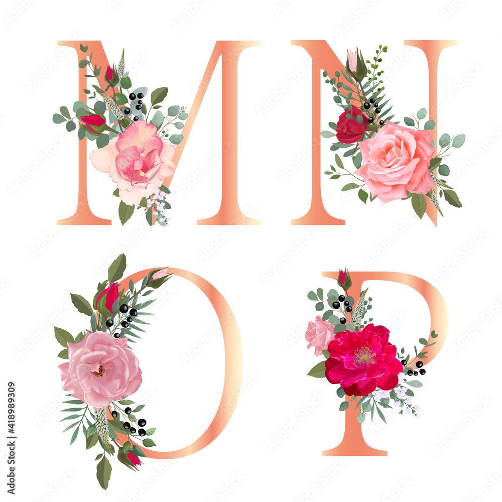 Floral Alphabet. Set letters with botanical bouquet. Wedding ...
