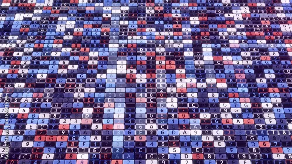 Digital background of changing numbers and letters. Animation. Multi-colored cells with changing ...