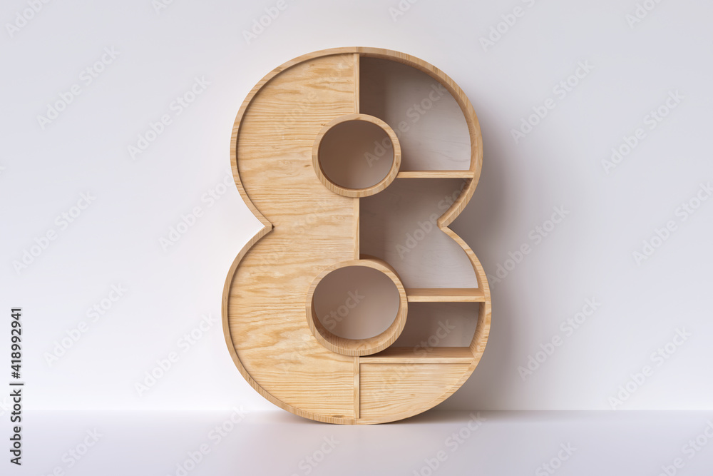 3D wood number “8” made of plywood planks in the shelving shape. DIY ...