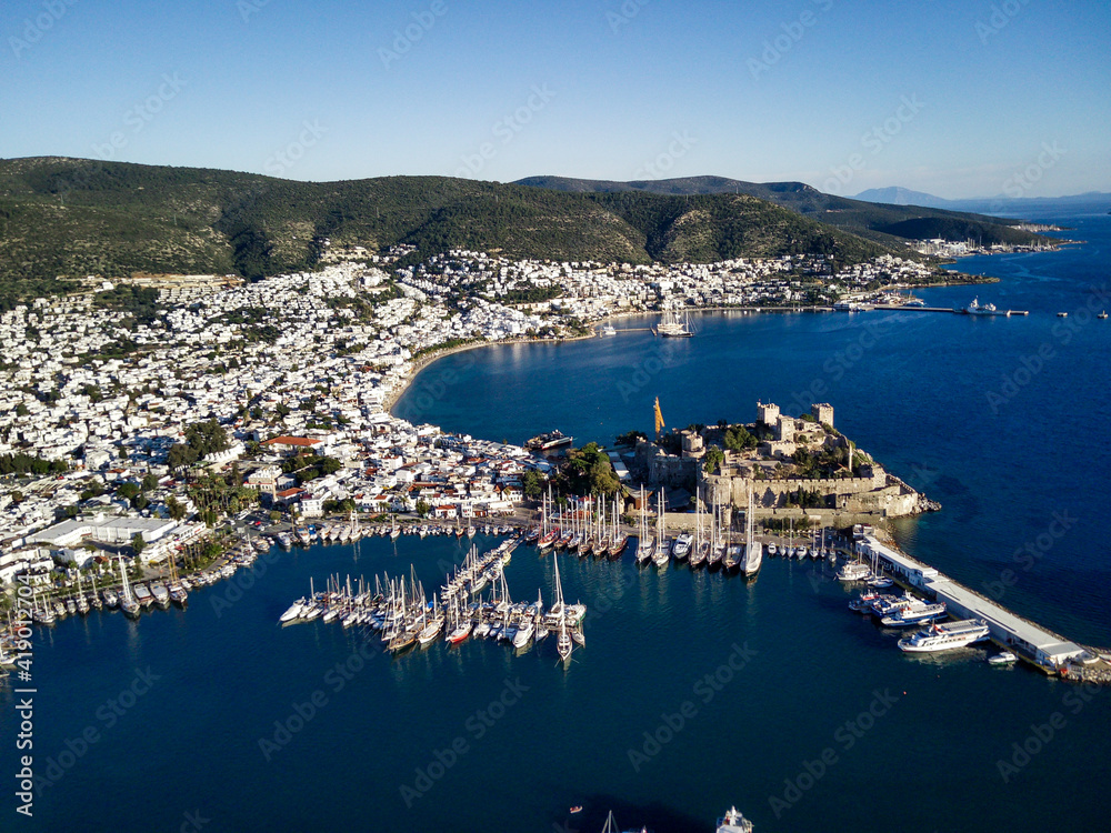 Amazing panoramic view from drone of Bodrum harbour and ancient Kalesi ...