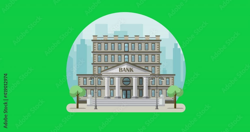 Bank building animation with a city background on a chroma key green ...