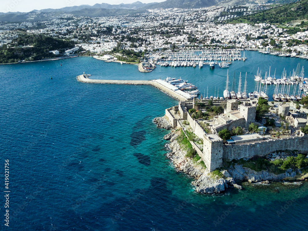 Amazing panoramic view from drone of Bodrum harbour and ancient Kalesi ...