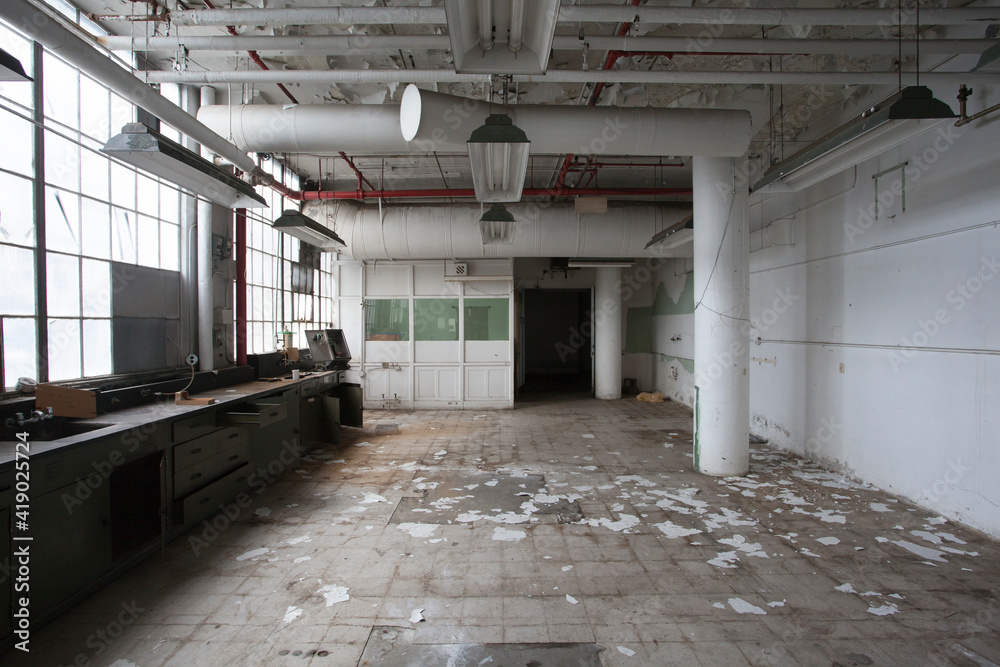 Empty lab inside an abandoned factory building Stock Photo | Adobe Stock