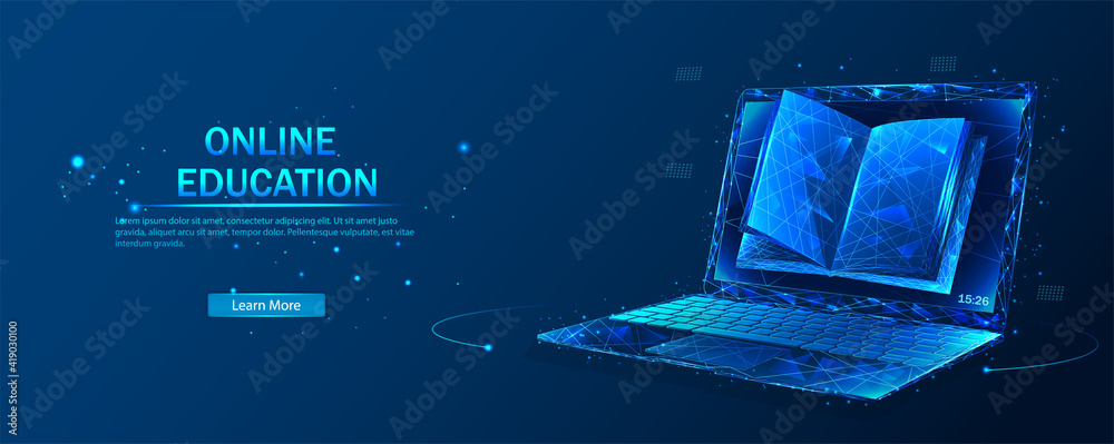 Digital Vector illustration. Low poly wireframe online education blue ...