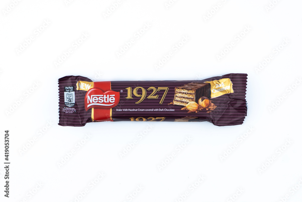 DOHA, QATAR - MARCH 8, 2021: Nestle 1927 Hazelnut Dark Chocolate Coated ...