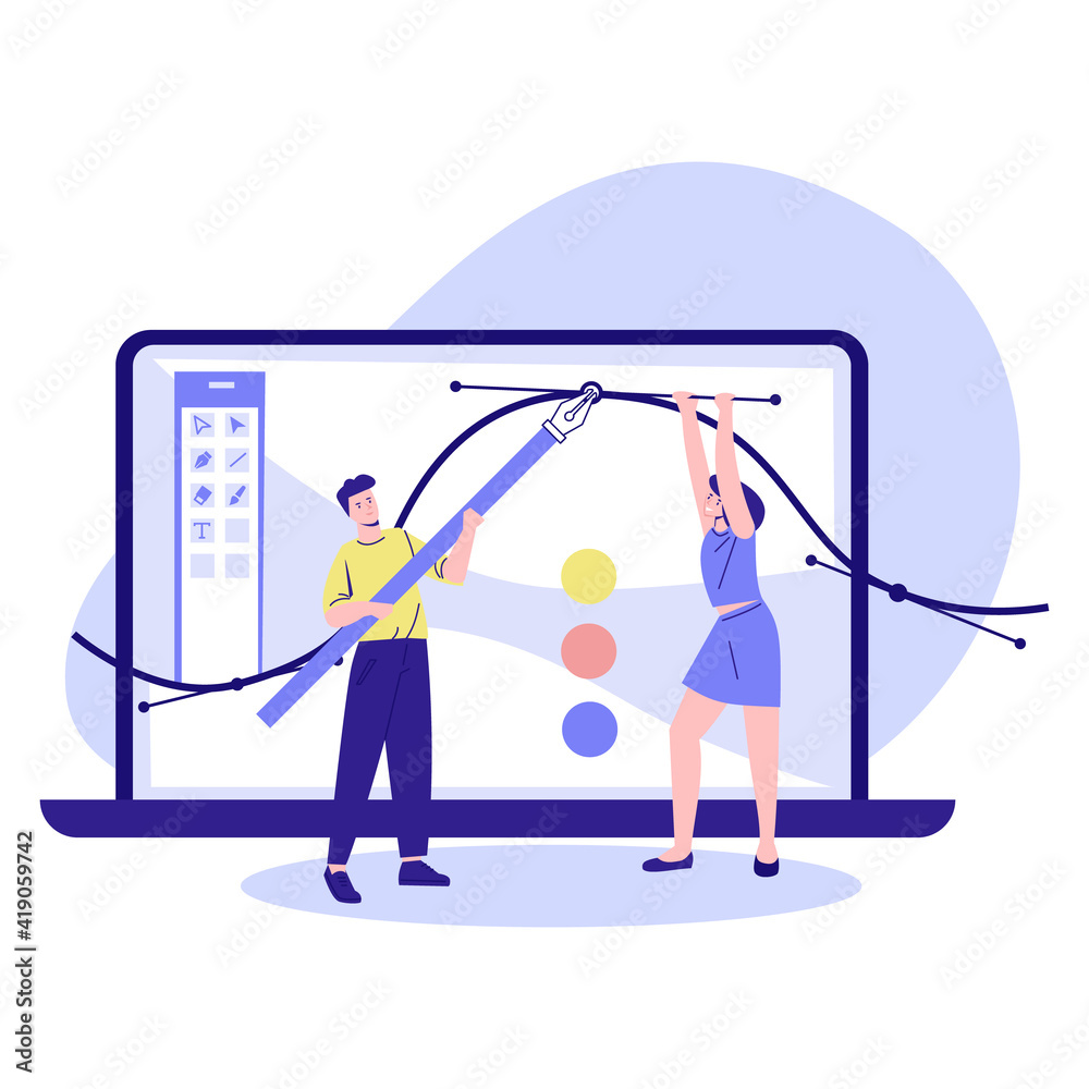 A man and a woman draw vector graphics with a pen tool in a graphics editor. Concept for vector ...