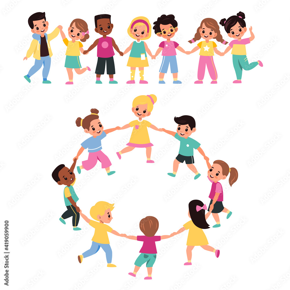Kids holding hands. Happy multicultural cute preschool children lead ...