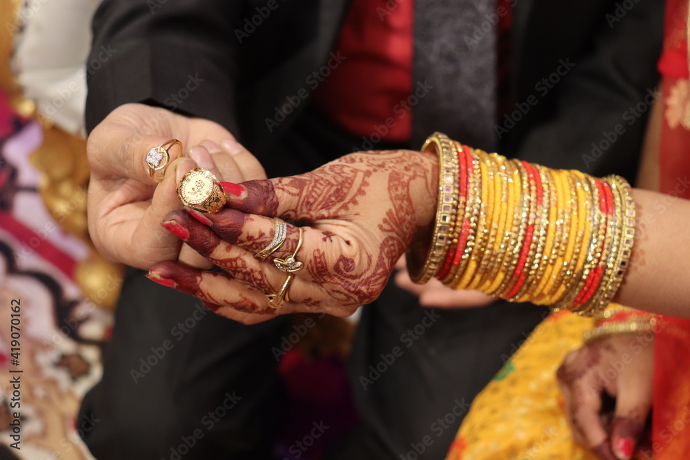 Ring ceremony and the wedding anniversary of the Hindu Indian couple ...