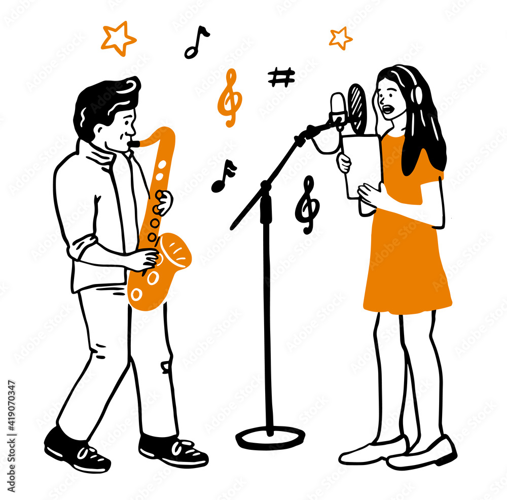 musical group doodle style vector illustration isolated on white ...