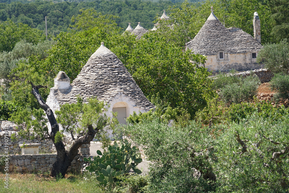 Trulli (trullo) whitewashed stone huts with conical roofs on ...
