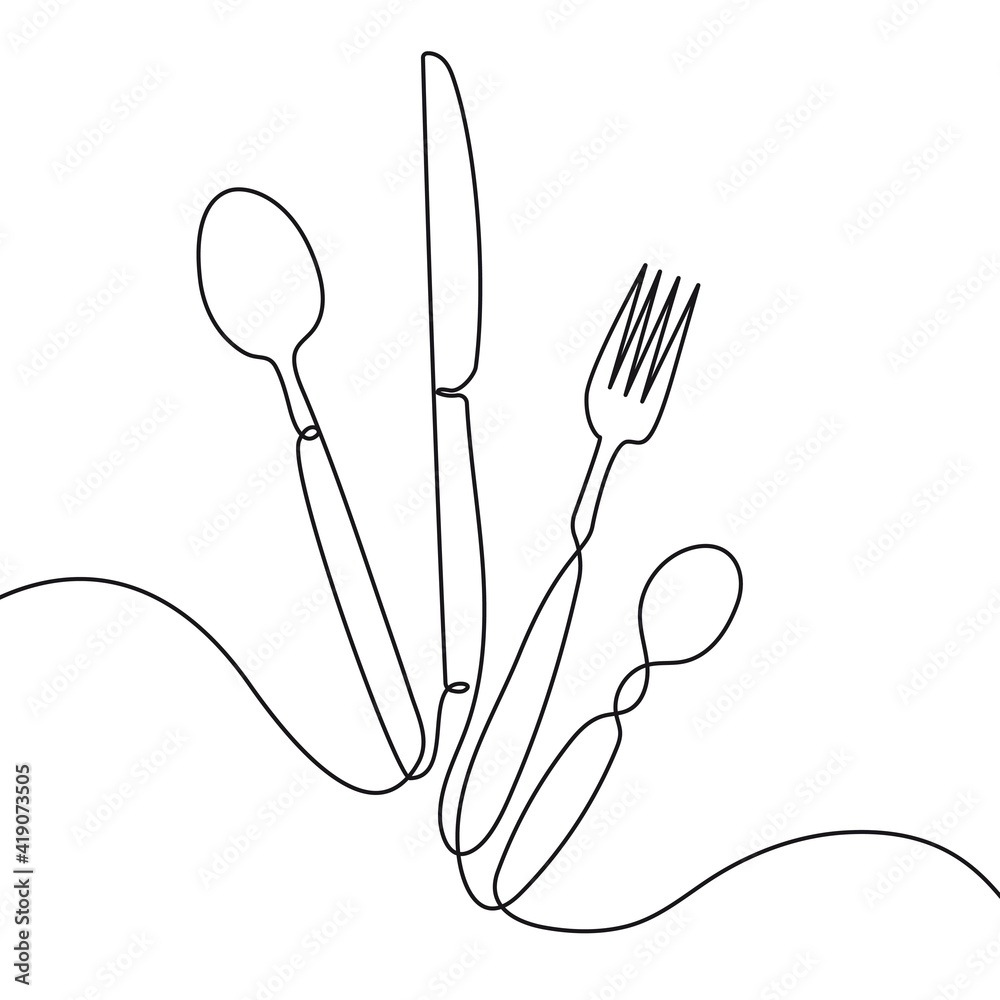 Continuous One Line Drawing. Spoons, Forks, Knife, Eating Utensils ...