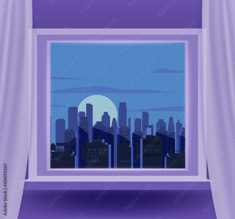Open window interior home with a night cityscape, city view, street ...