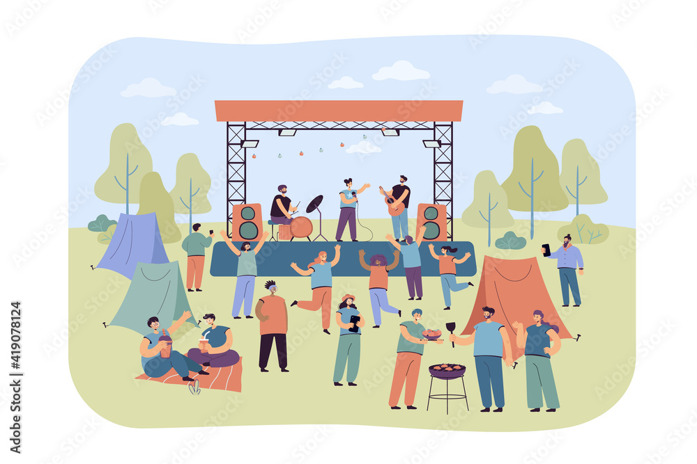 Rock music festival in open air. People having party in park, cooking ...