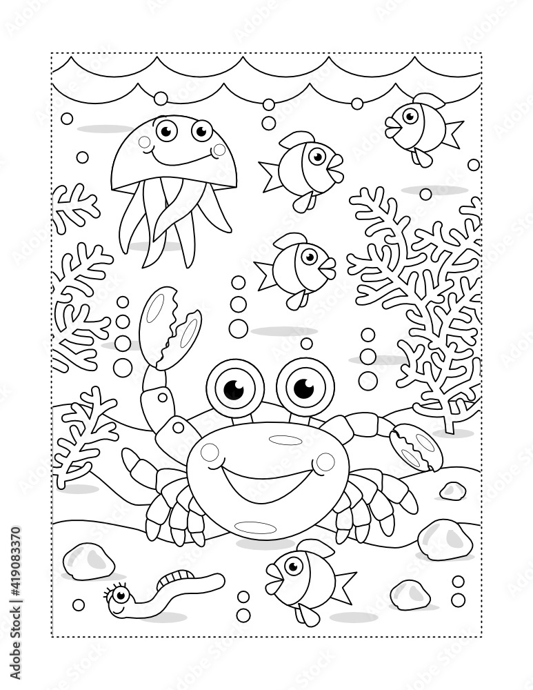 Coloring page with cartoon underwater scene and crab, fish, jellyfish ...