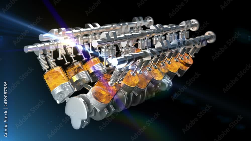Fly around animated v12 engine with explosions and flames. Movement of ...