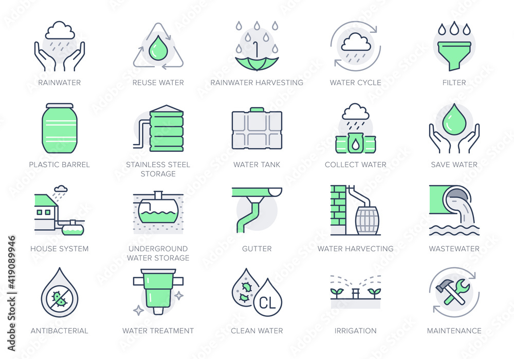 Rainwater harvesting line icons. Vector illustration include icon ...