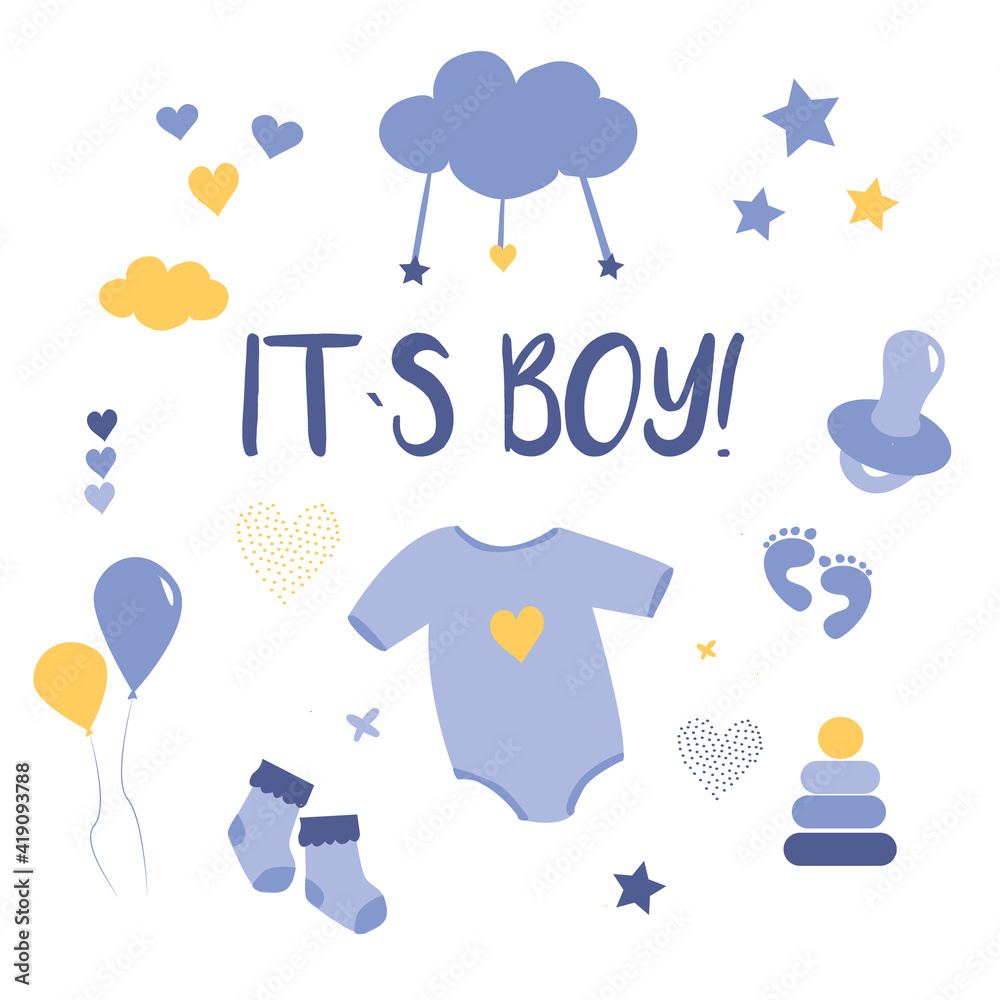 Greeting card its a boy. Children's posters. Baby shower illustrations ...