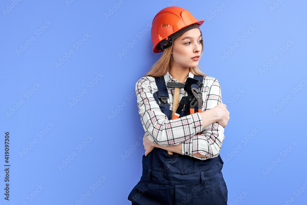 Busy Engineer Constructor Woman Looking at side hugging Adjustable ...