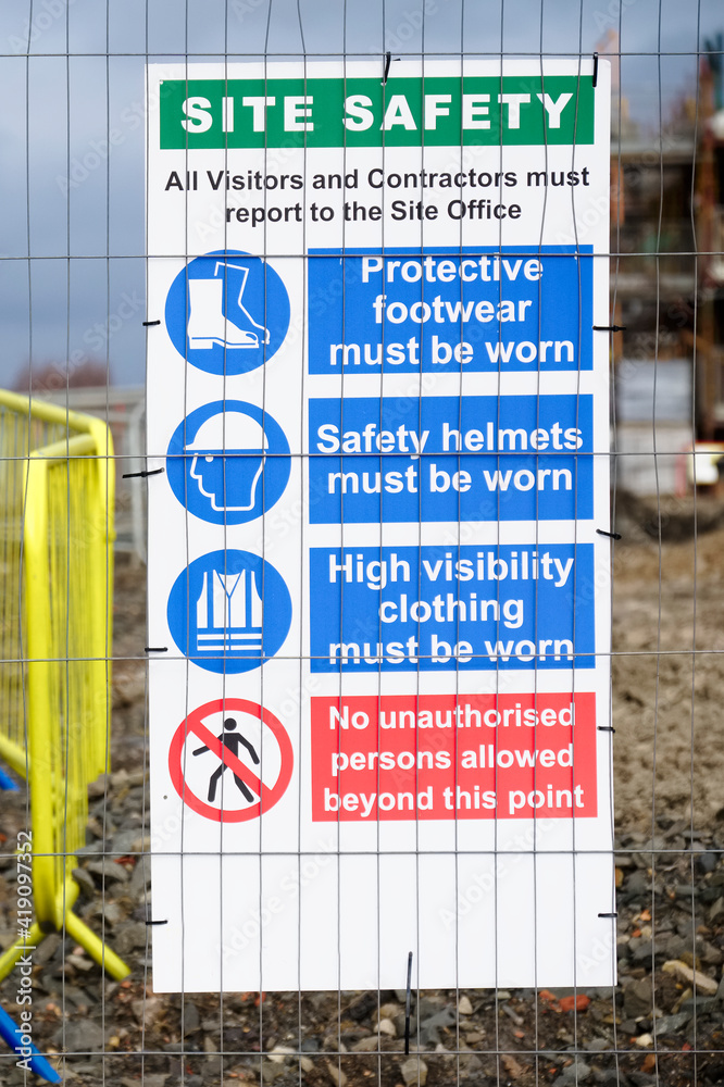 Construction site health and safety message rules sign board signage on ...