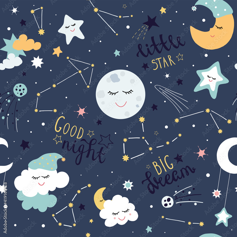 Seamless pattern with the moon and stars. Kids poster cute character ...