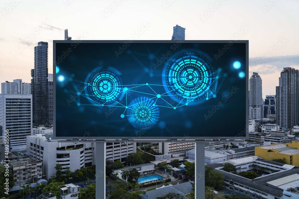 Glowing hologram of technological process on billboard, aerial ...