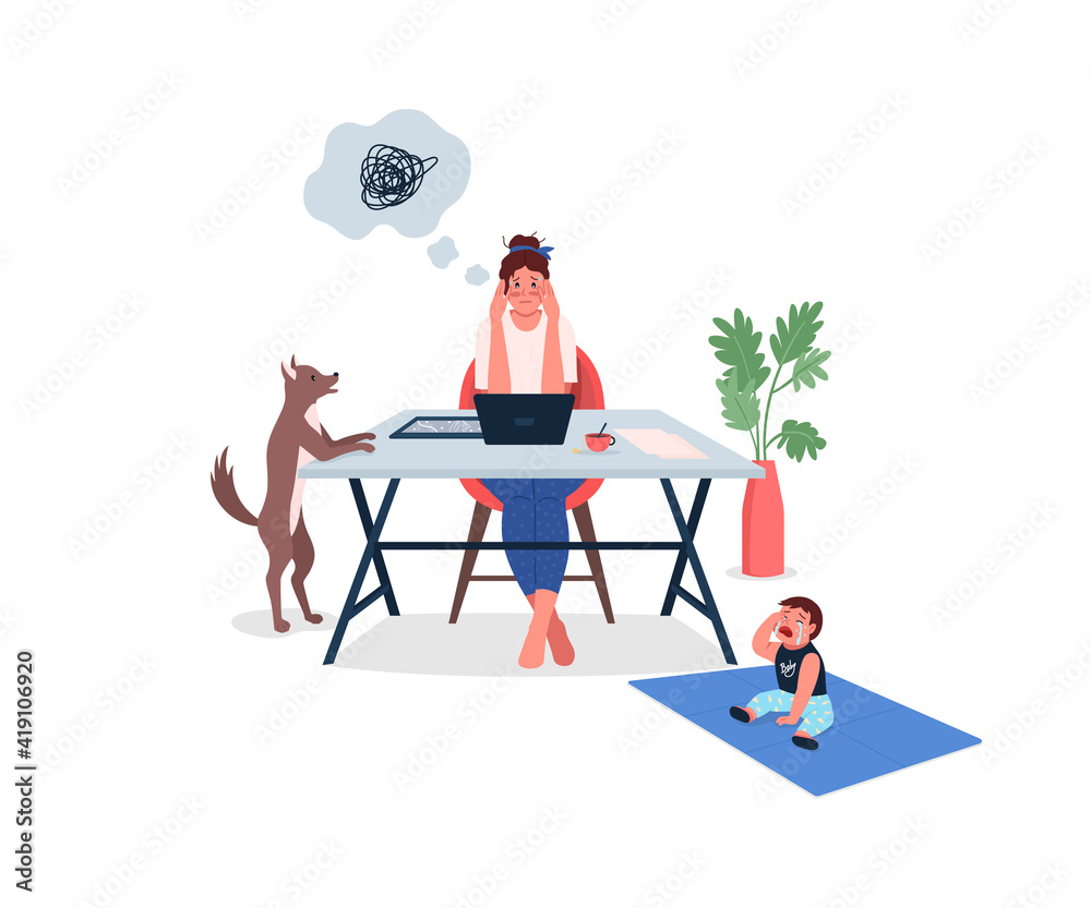 Overwhelmed working mother flat color vector detailed characters. Mom ...