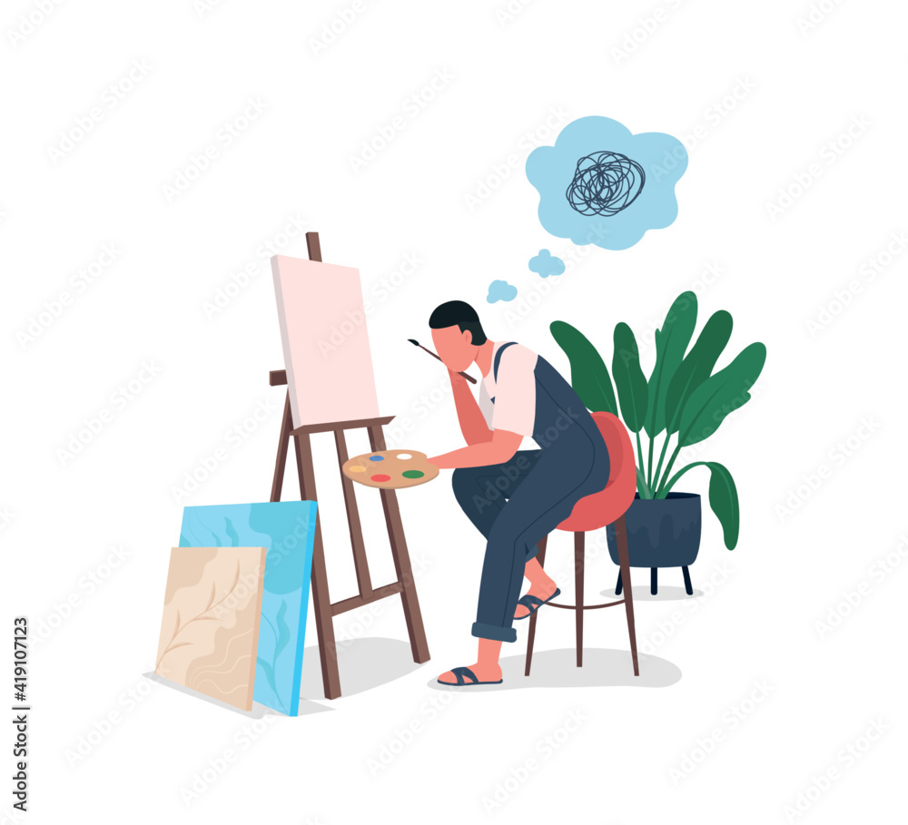 Tired artist at easel flat color vector faceless character. Difficulty ...