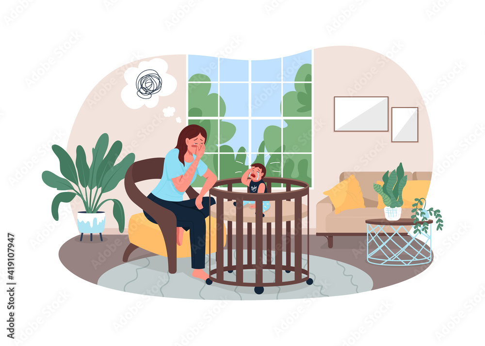 Exhausted mother 2D vector web banner, poster. Sad baby. Tired mom with ...