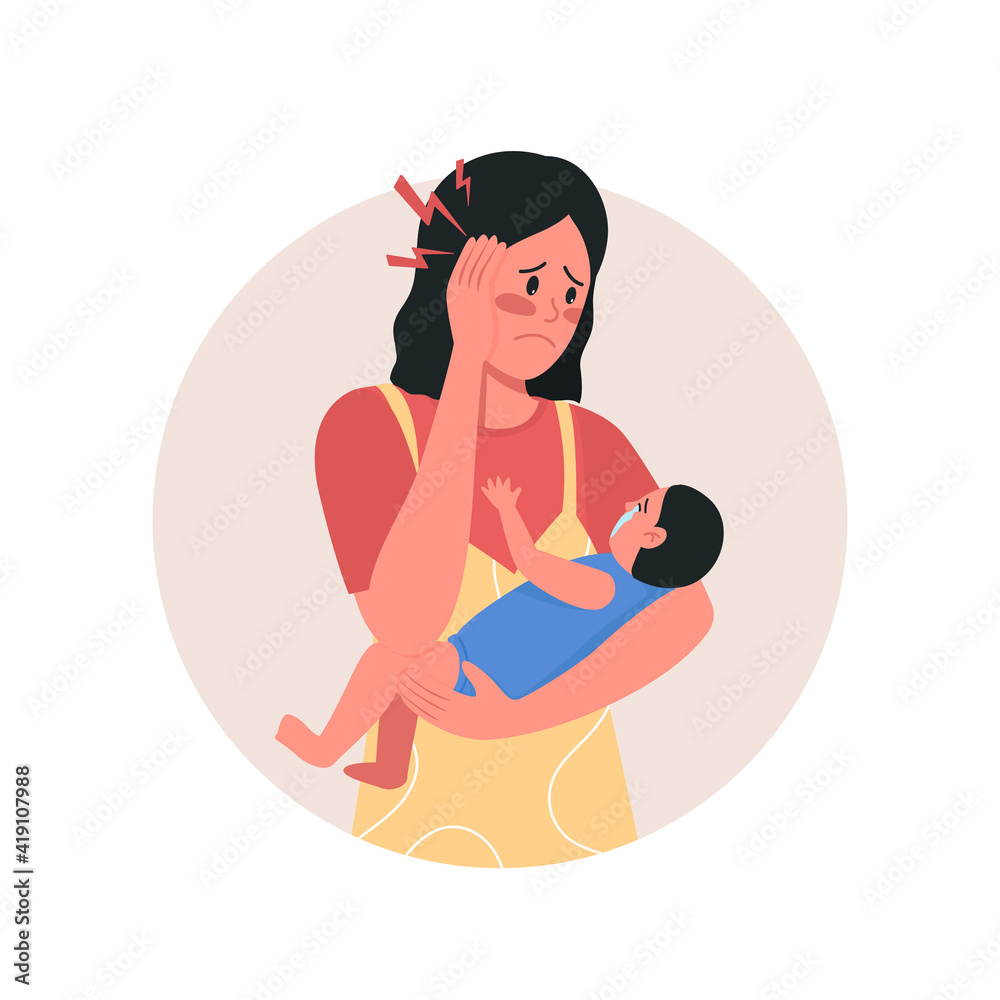 Depressed mother 2D vector web icon. banner, poster. Maternal mental ...