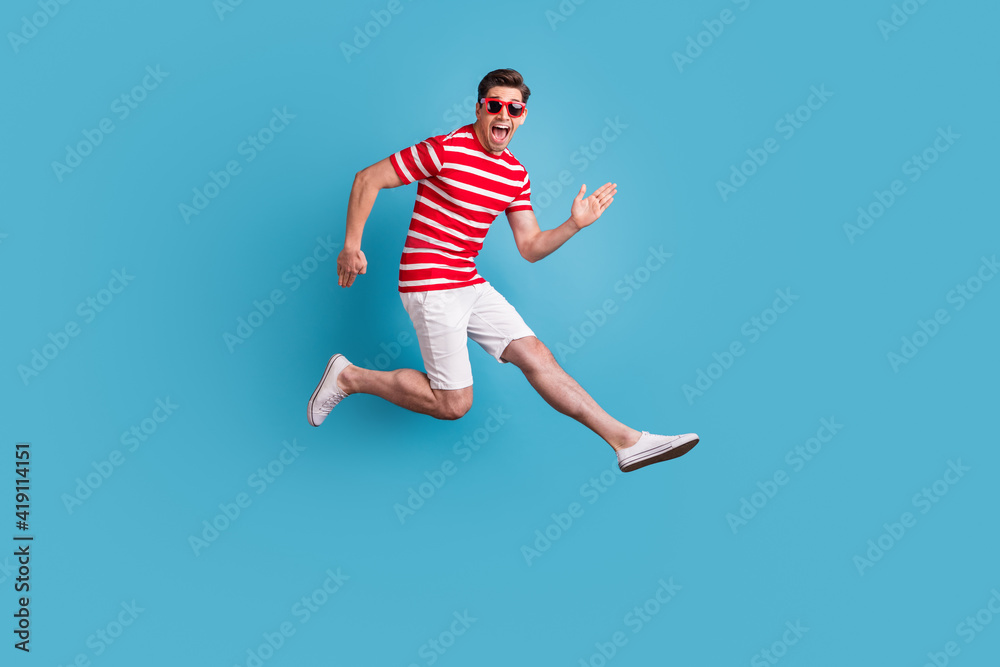 Full length body side profile photo careless playful man overjoyed ...