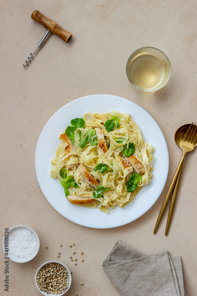 Italian fetuccini alfredo pasta with chicken. National cuisine. Healthy ...