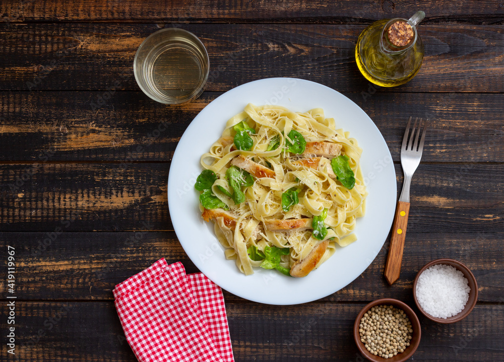 Italian fetuccini alfredo pasta with chicken. National cuisine. Healthy ...