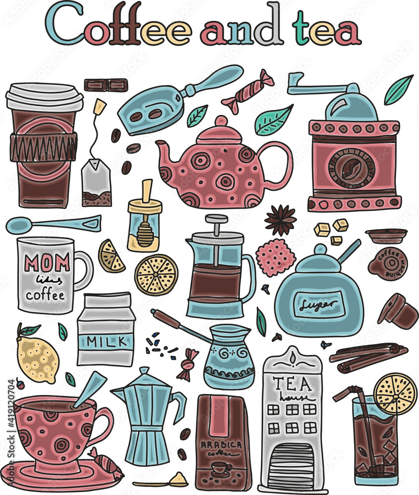 Big set of hand drawn coffee and tea doodles. A set of isolated vector ...