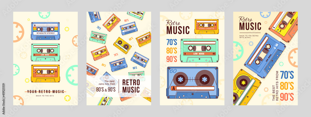 Trendy poster designs with audiocassettes. Vivid brochures with ...