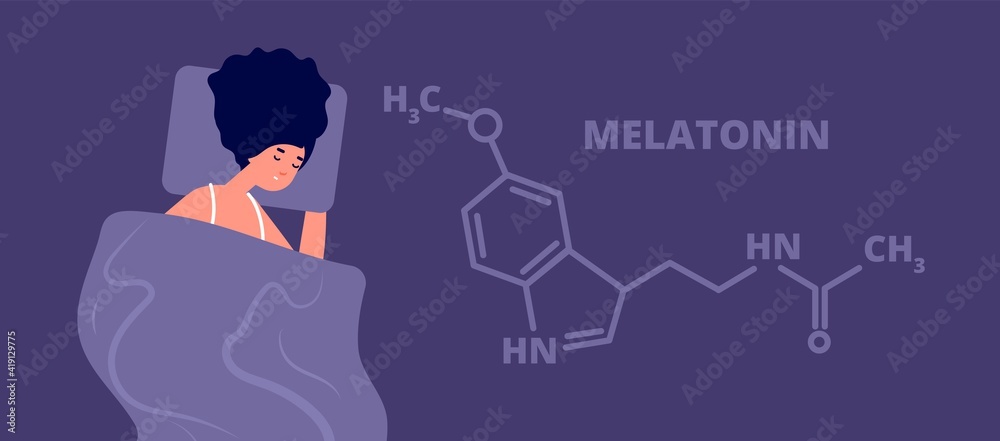 Melatonin hormone. Structure hormones sleep, flat person sleeping in ...