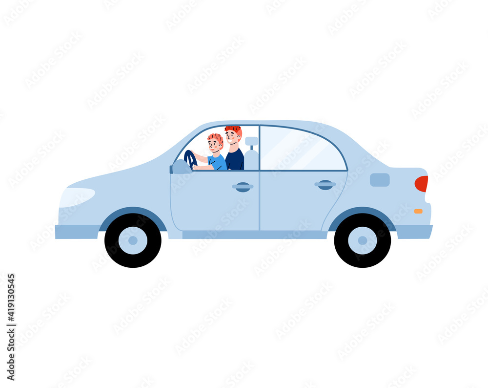Car with father teaching his boy child to drive, cartoon vector ...