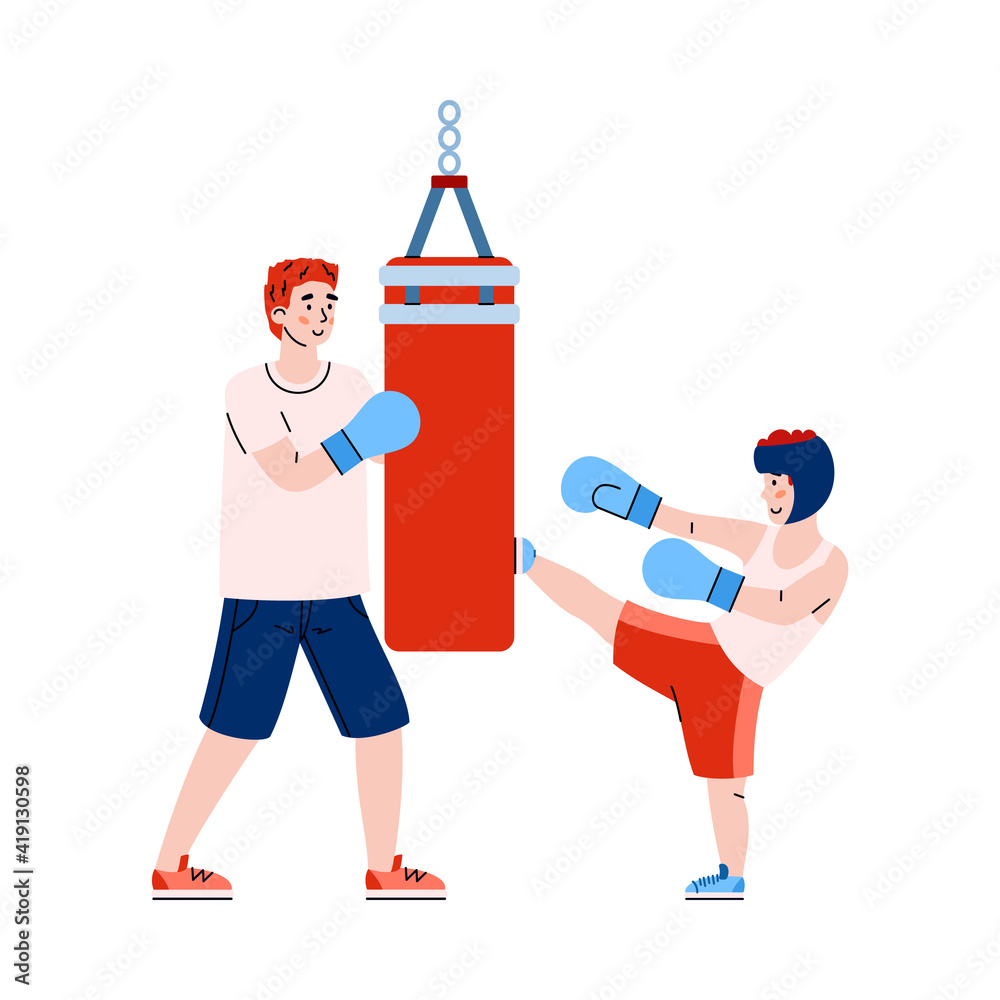 Father teaching child box fight kiks, cartoon vector illustration ...