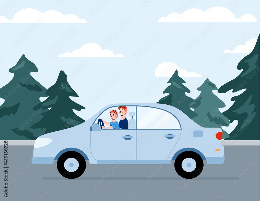 Father gives his child a lesson in driving a car in a country trip ...